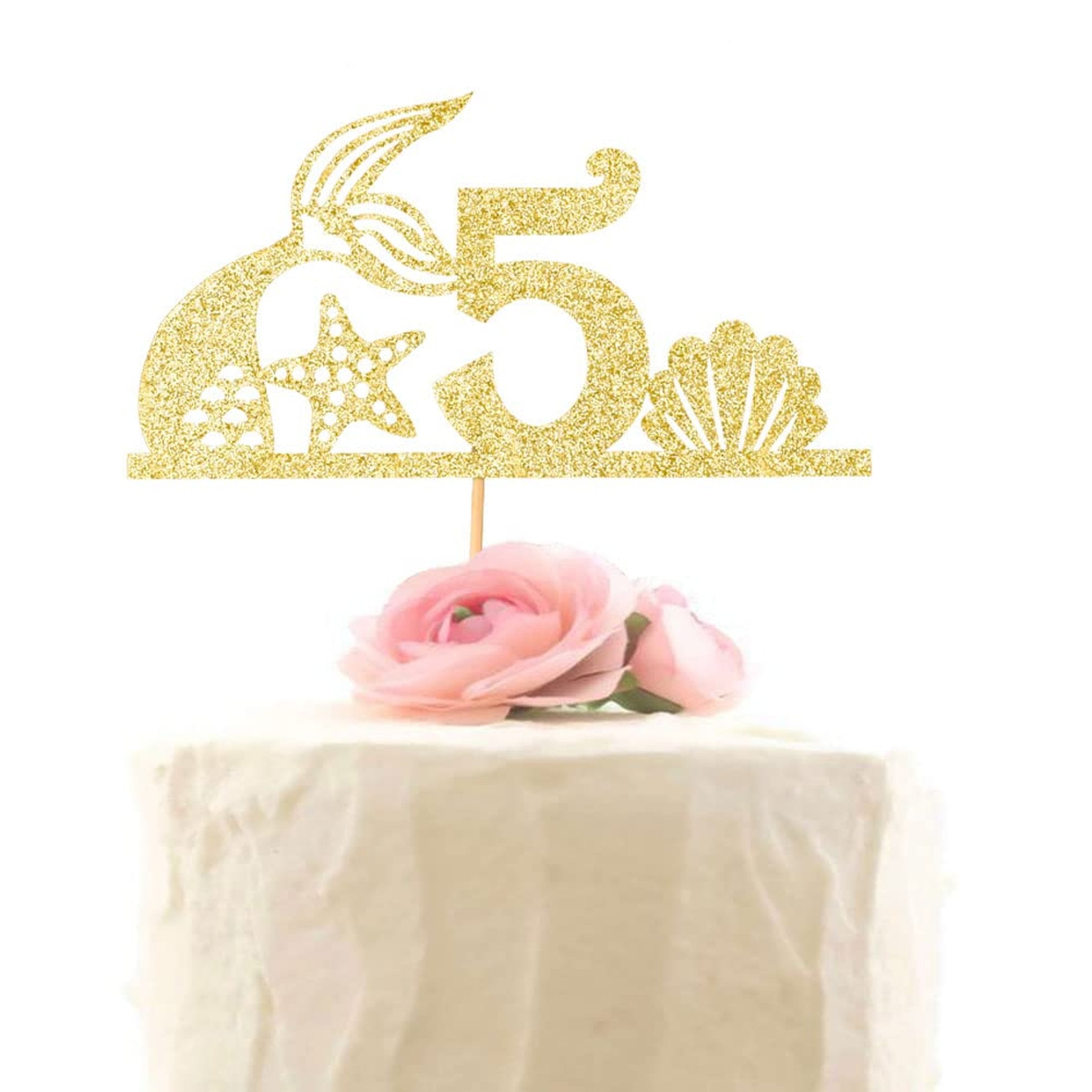 Mermaid Magic 5th Birthday Cake Toppers - Gold Glitter Decorations with ...