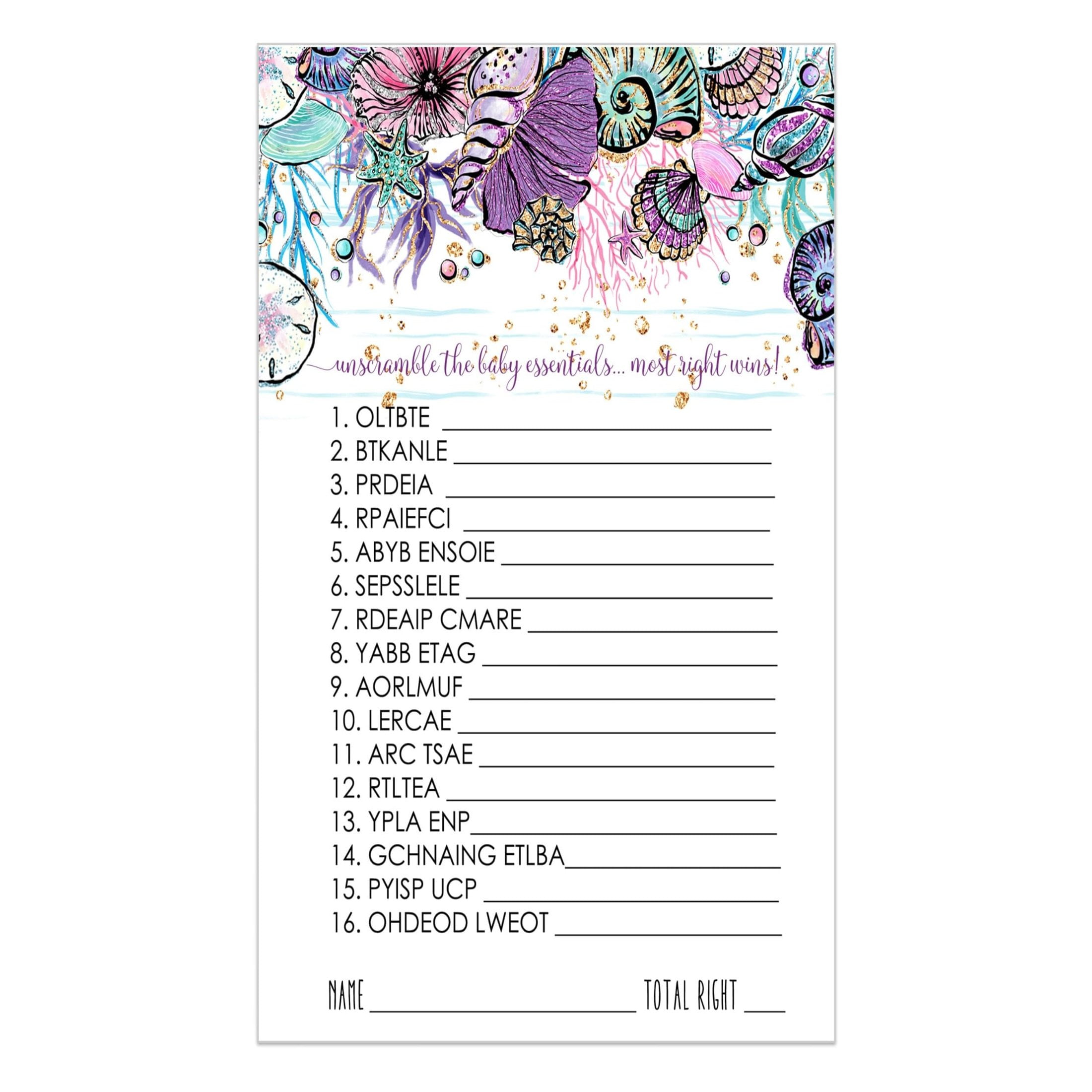 Mermaid Magic Word Scramble Game for Baby Showers and Gender Reveals ...
