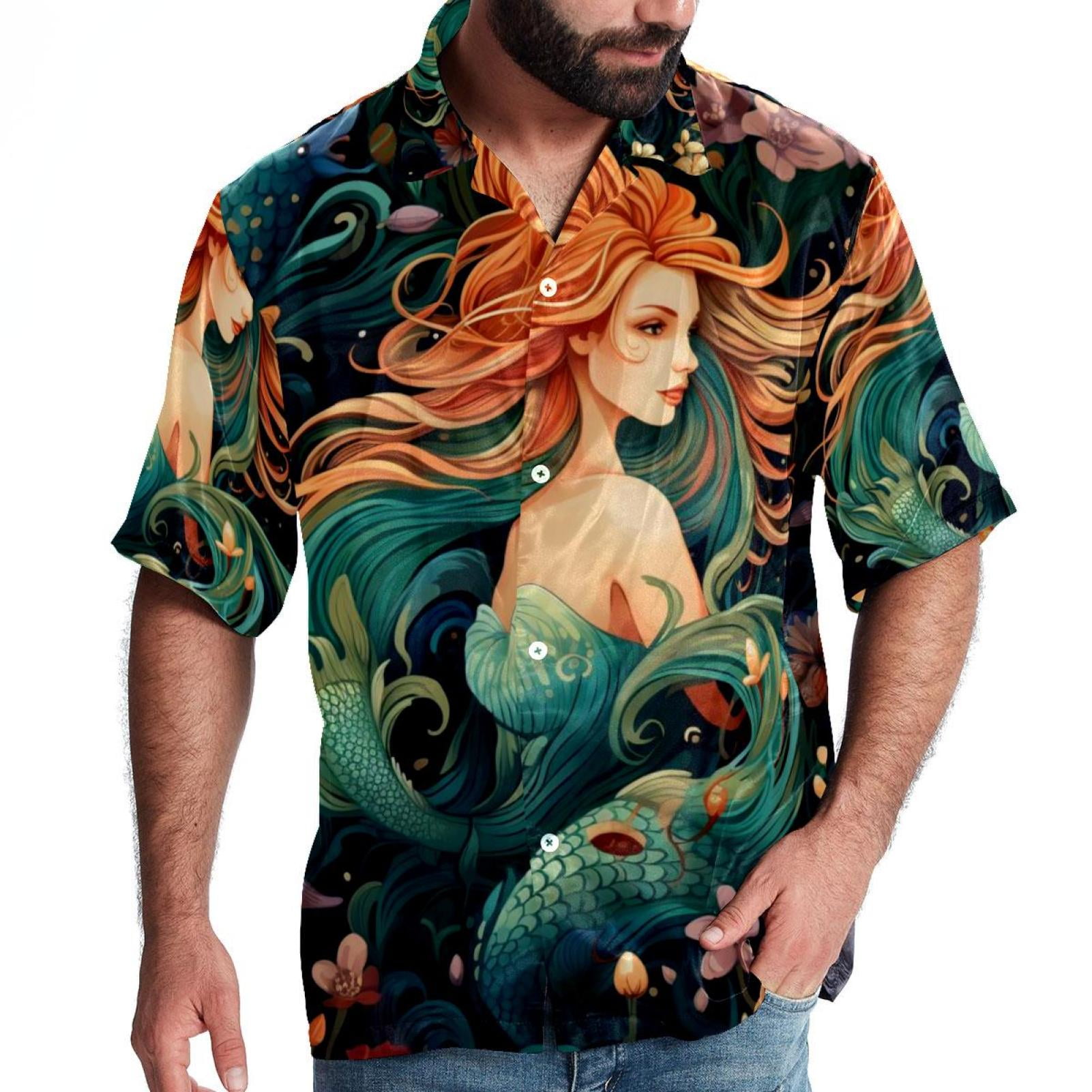 Mermaid Men's Casual Printed Hawaiian Poplin Button Down Short Sleeve ...