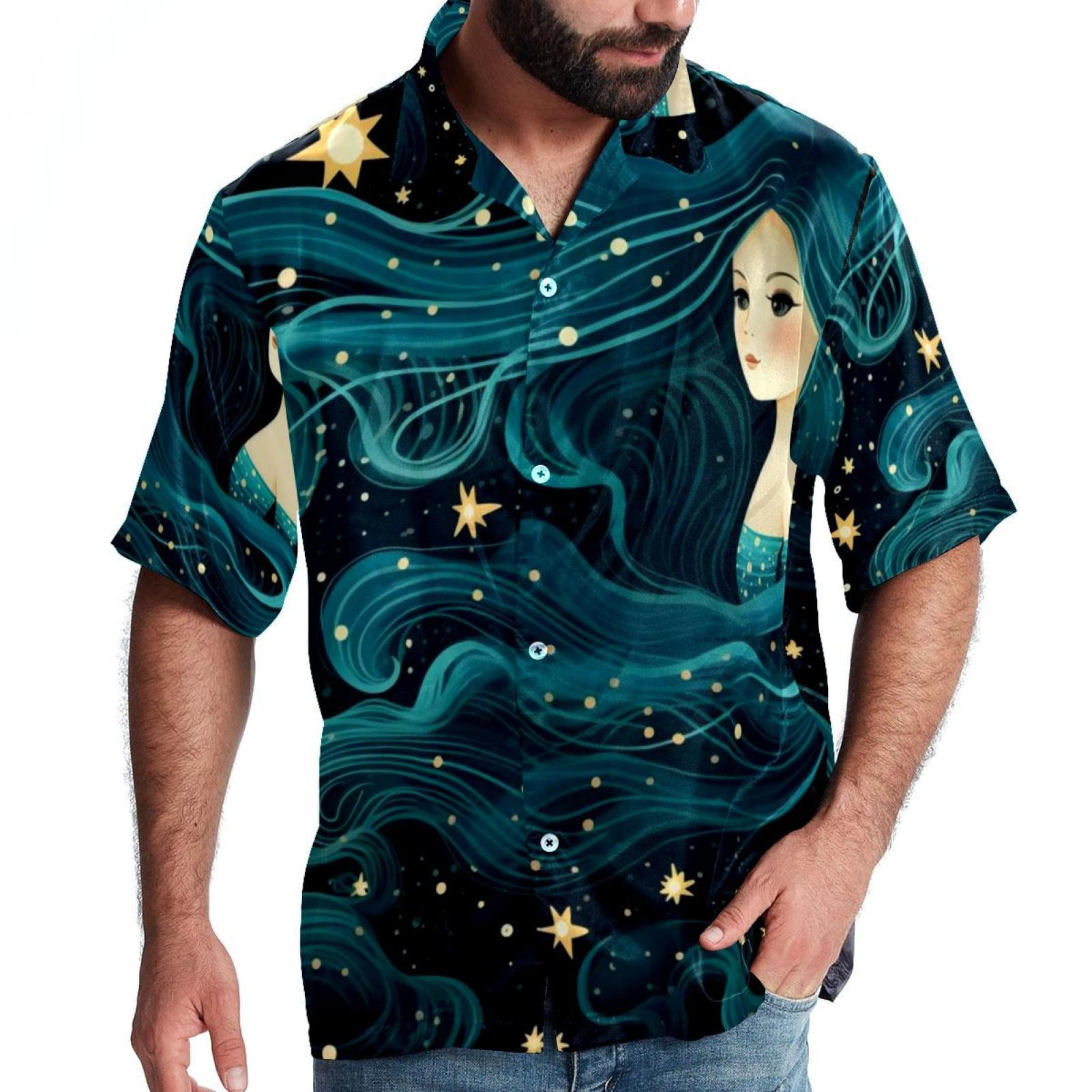 Mermaid Men's Short Sleeve Hawaiian Beach Shirts, Casual Printed Button ...