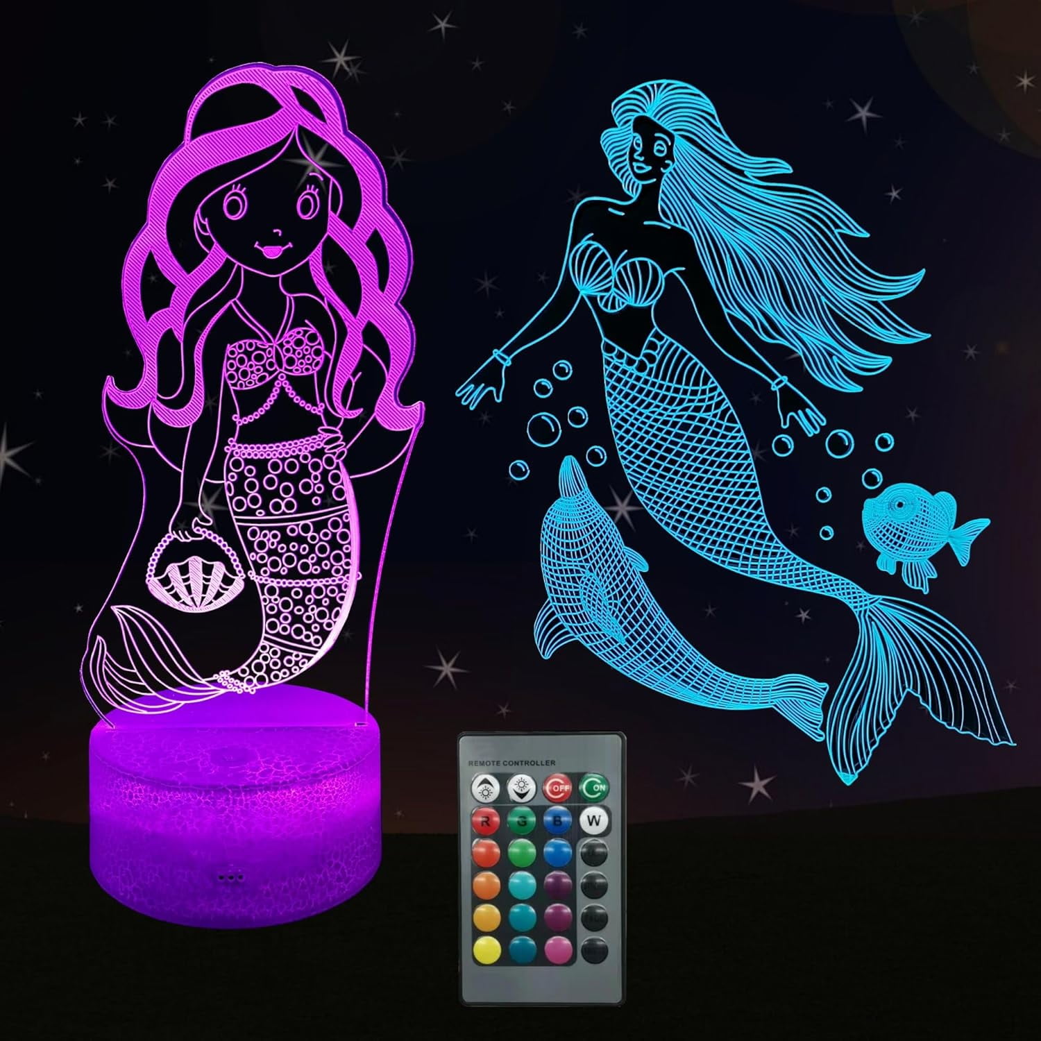 Mermaid Night Light for Girls Bedroom, 3D Illusion LED Lamp, 2 Patterns ...