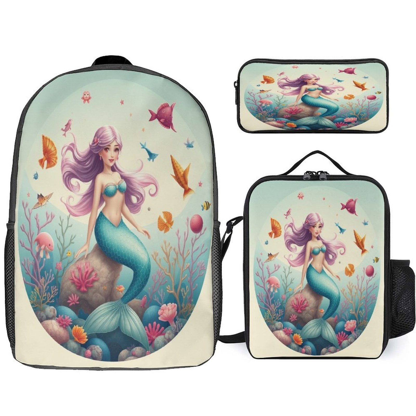 Mermaid Ocean Scene Art 3Set Bags for TeenCasual Women Backpack Bookbag ...