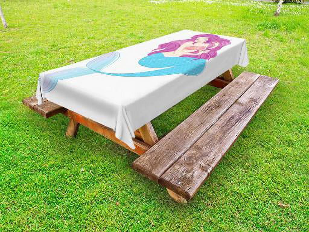 Mermaid Outdoor Tablecloth, Cute Mermaid Playing with Her Hair Folk ...