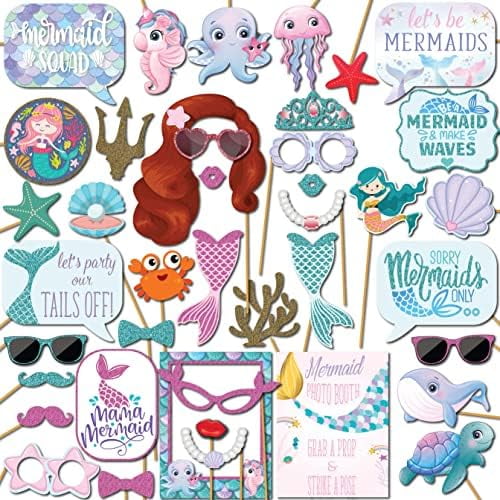 Mermaid Photo Booth Props - 41-pc Photobooth Kit with 8 x 10-Inch Sign ...