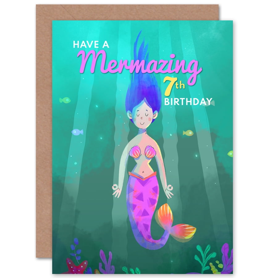 Mermaid Pink Mermazing 7th Birthday Greetings Card Plus Envelope Blank ...
