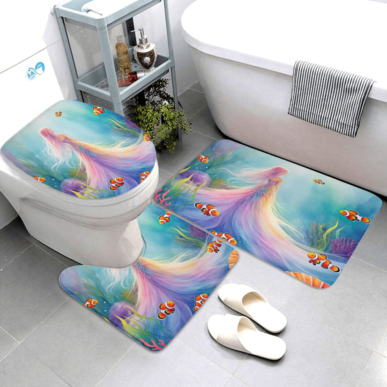 Mermaid Princess Under the Sea Bath Mat Set 3 Piece Non Slip Rug Toilet ...