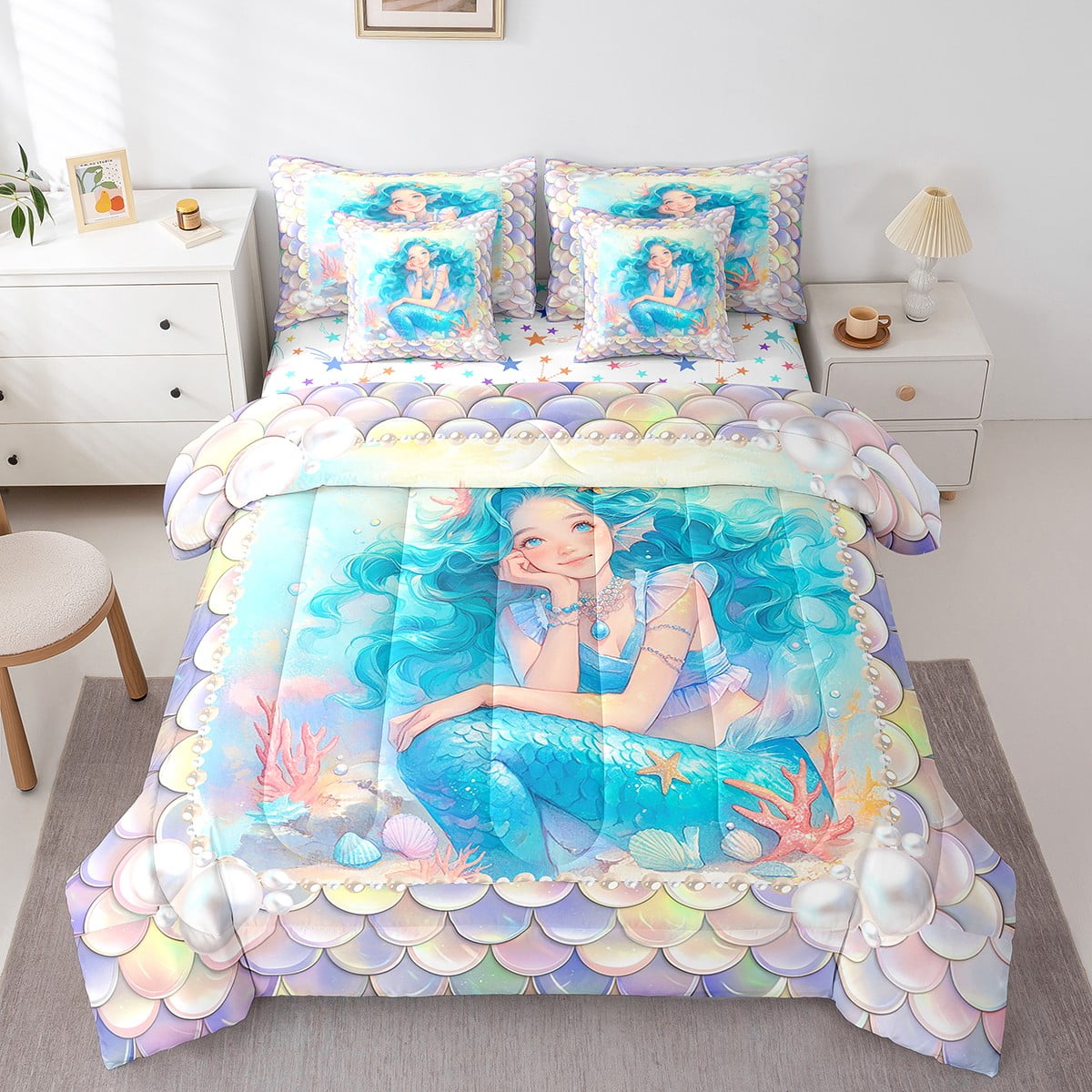 Mermaid Queen Bed in a Bag Mermaid Bedding Set 7 Piece Blue Mermaid ...