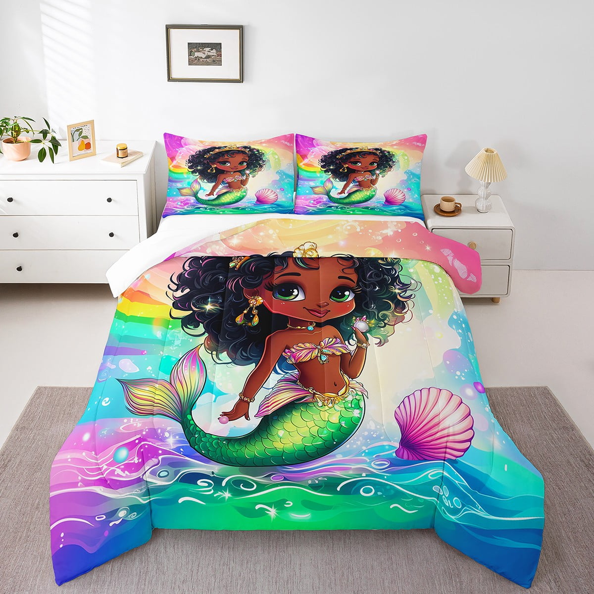 Mermaid Queen Comforter Set Cute Black Magical Down Comforter,American ...