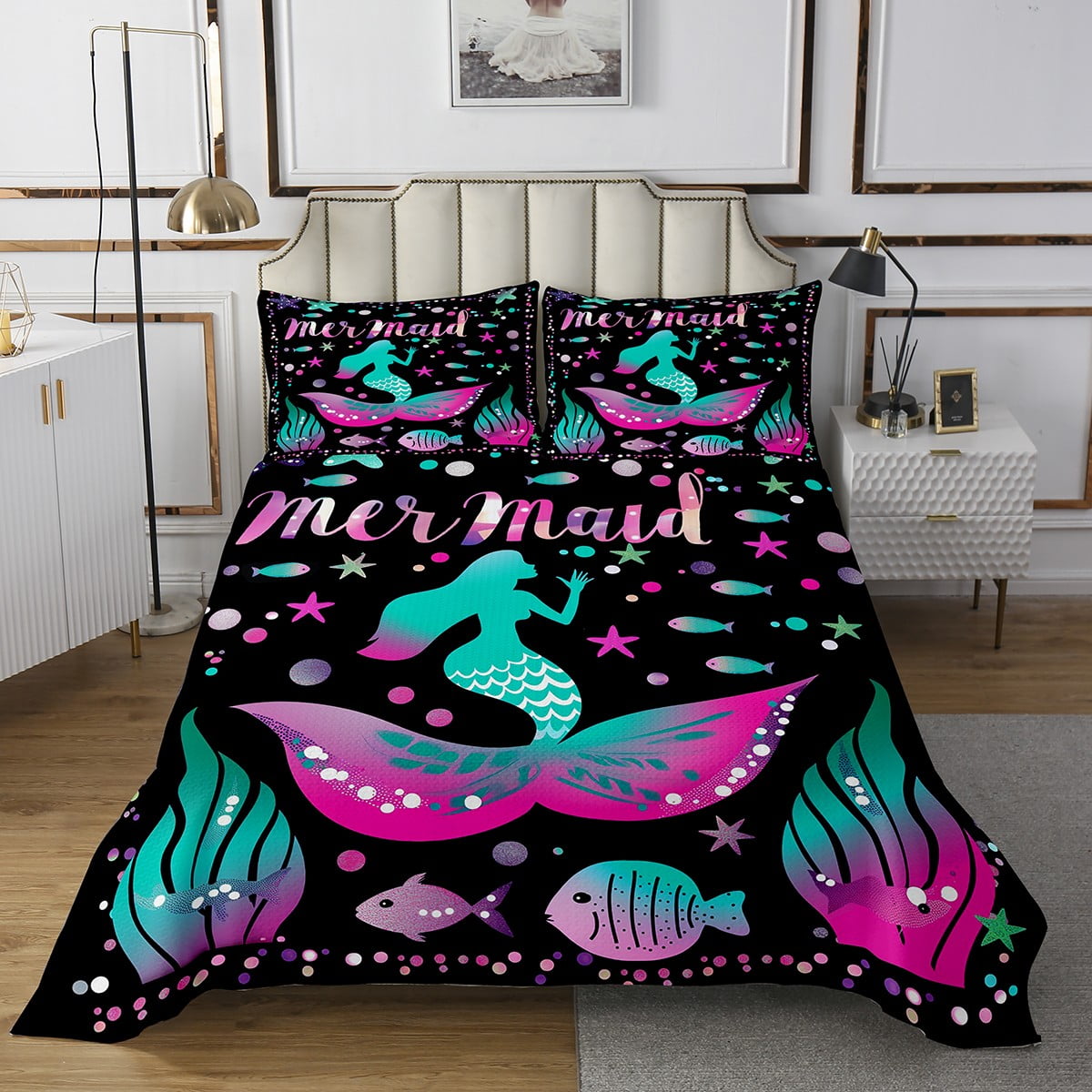 Mermaid Queen Quilt Set Cute Cartoon Animal Bedspread Ocean Themed Bed ...