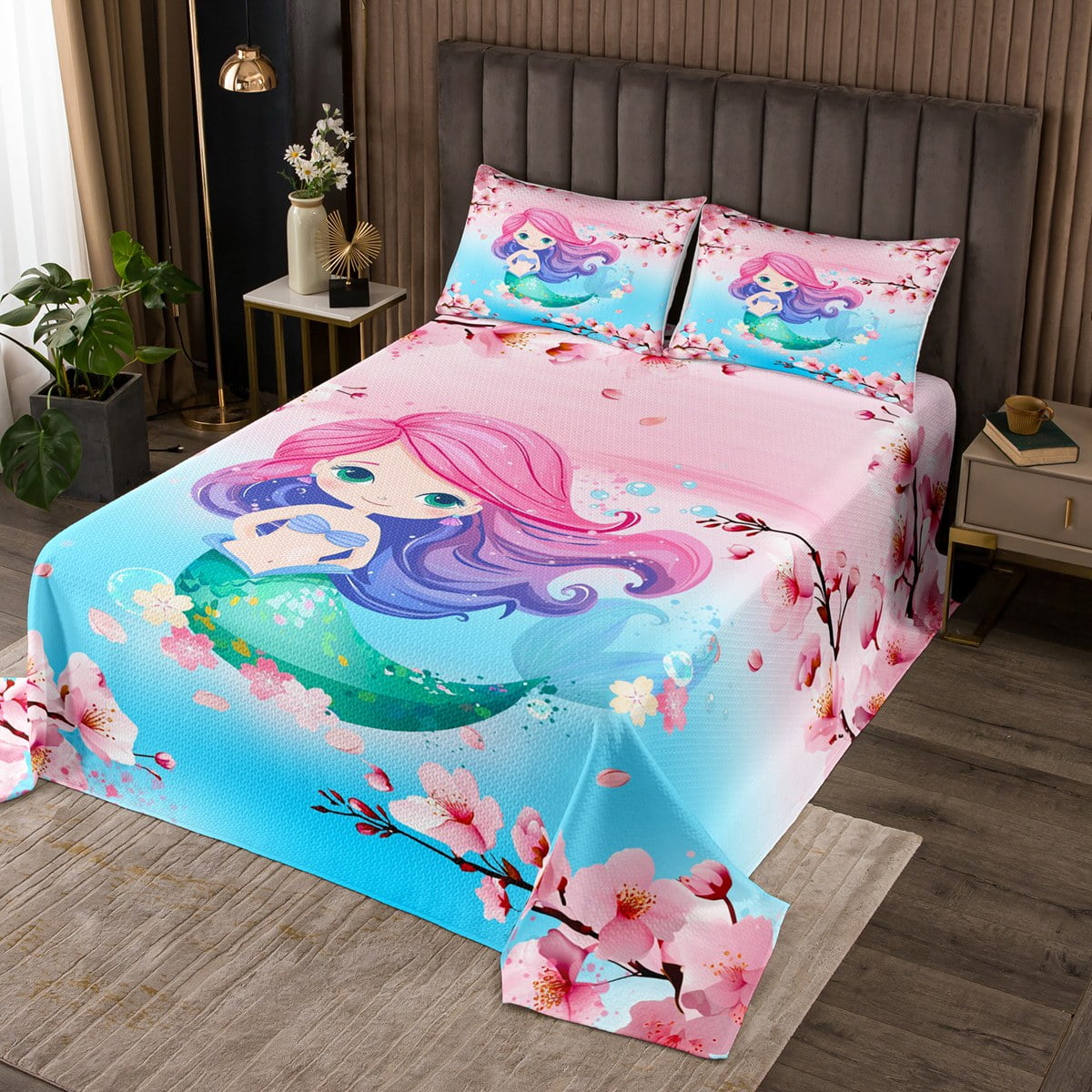 Mermaid Quilt Set Nautical Sea Animal King Bedspread Set for Girls ...