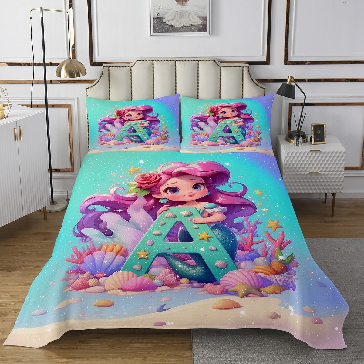 Mermaid Quilt Set Twin Size Ocean Themed Bedspread Mermaid Princess ...