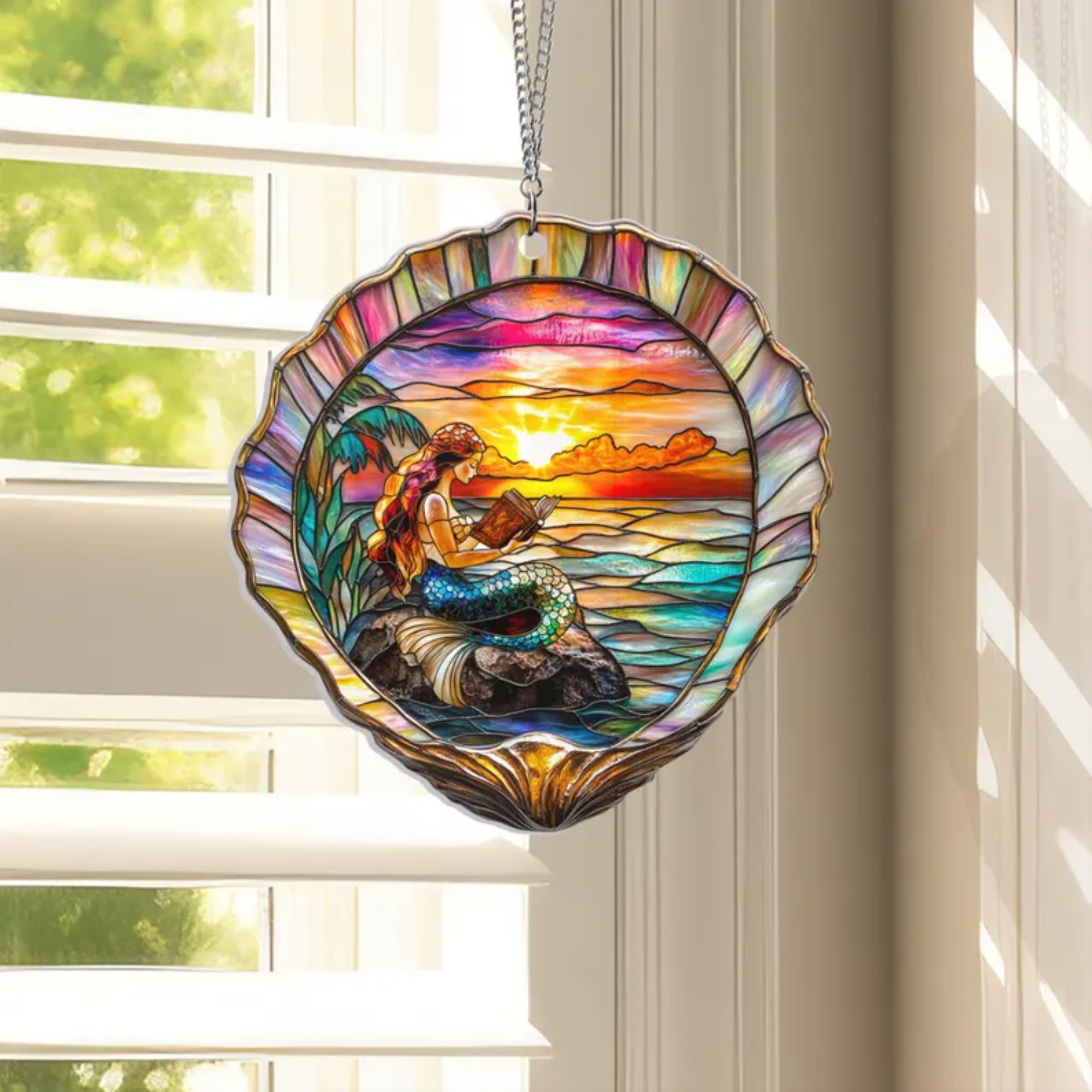 Mermaid Reading Book Acrylic Window Hanging, Book Lover Suncatcher ...