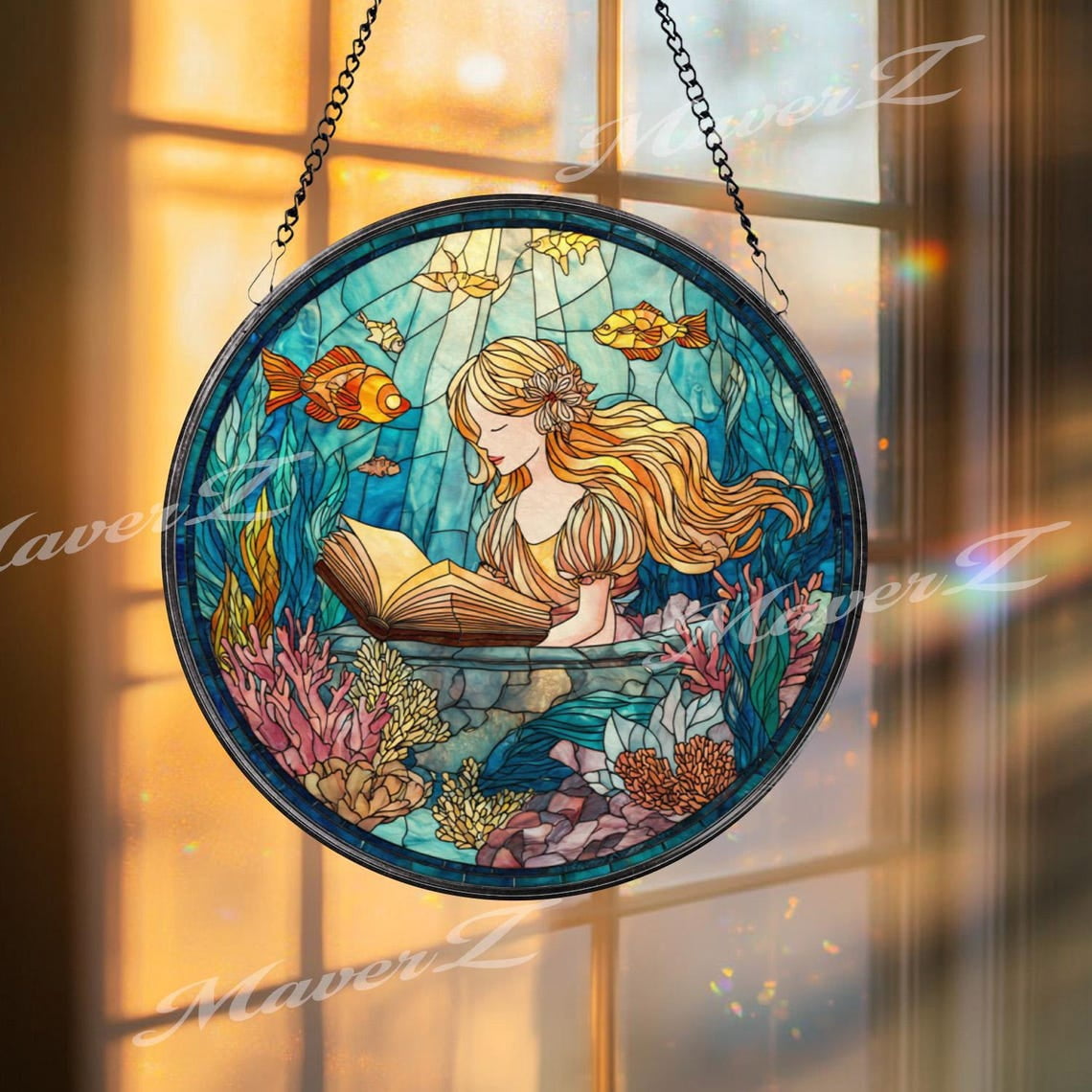 Mermaid Reading Glass Suncatcher, Round Underwater Fantasy Panel, 3.5 ...