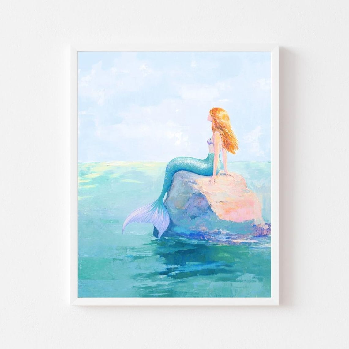 Mermaid On A Rock Painting Colorful Pastel Coastal Wall Art Print ...