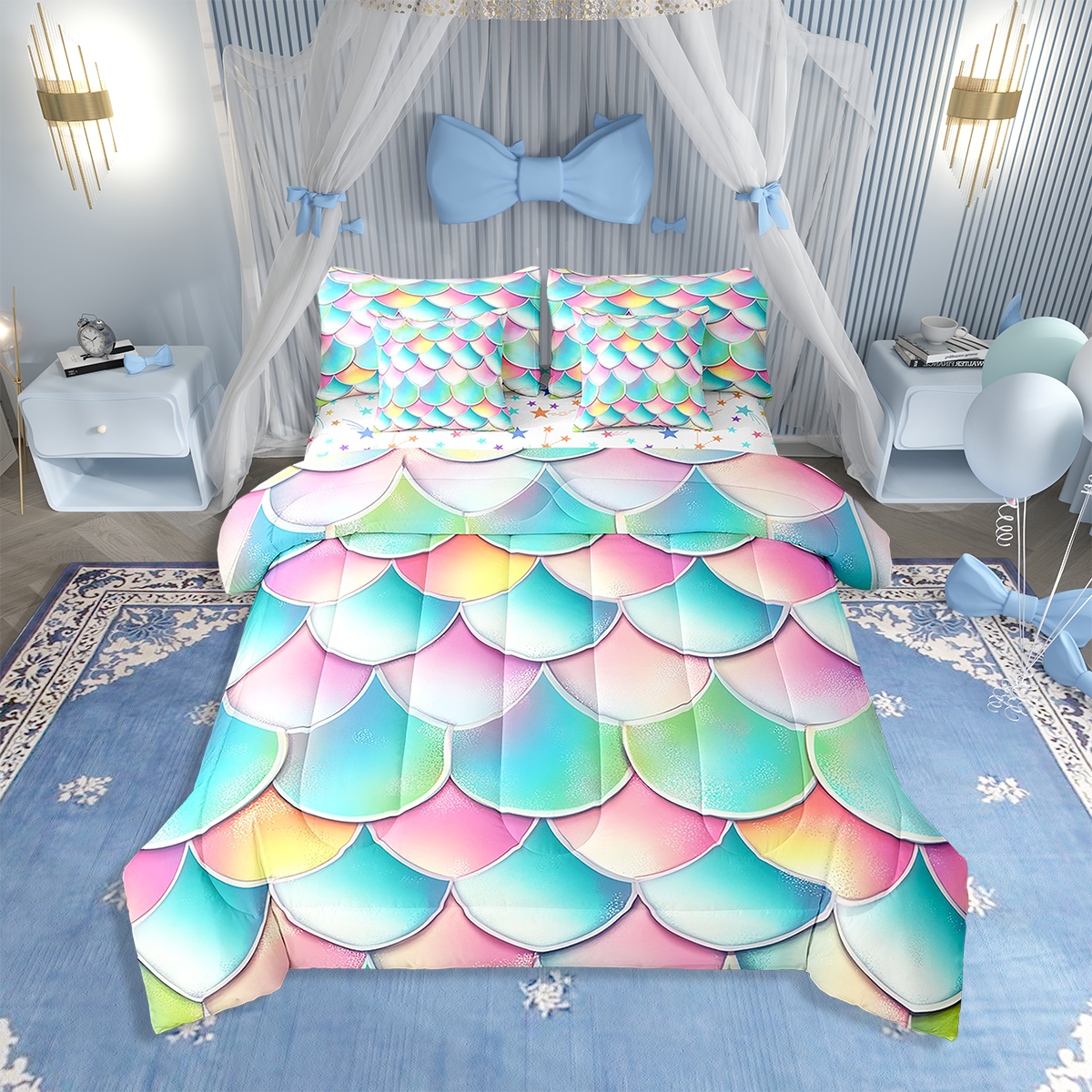 Mermaid Scale 7 Piece Comforter Set Full Bed In A Bag,Pastel Pink Teal ...