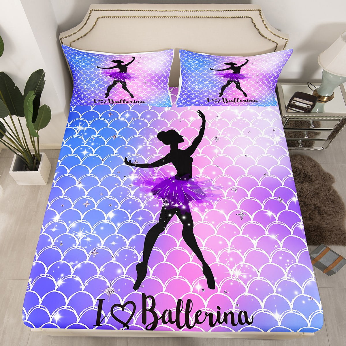 Mermaid Scale Bedding Set, Ballet Decor Fitted Sheet Full Size Dancing ...