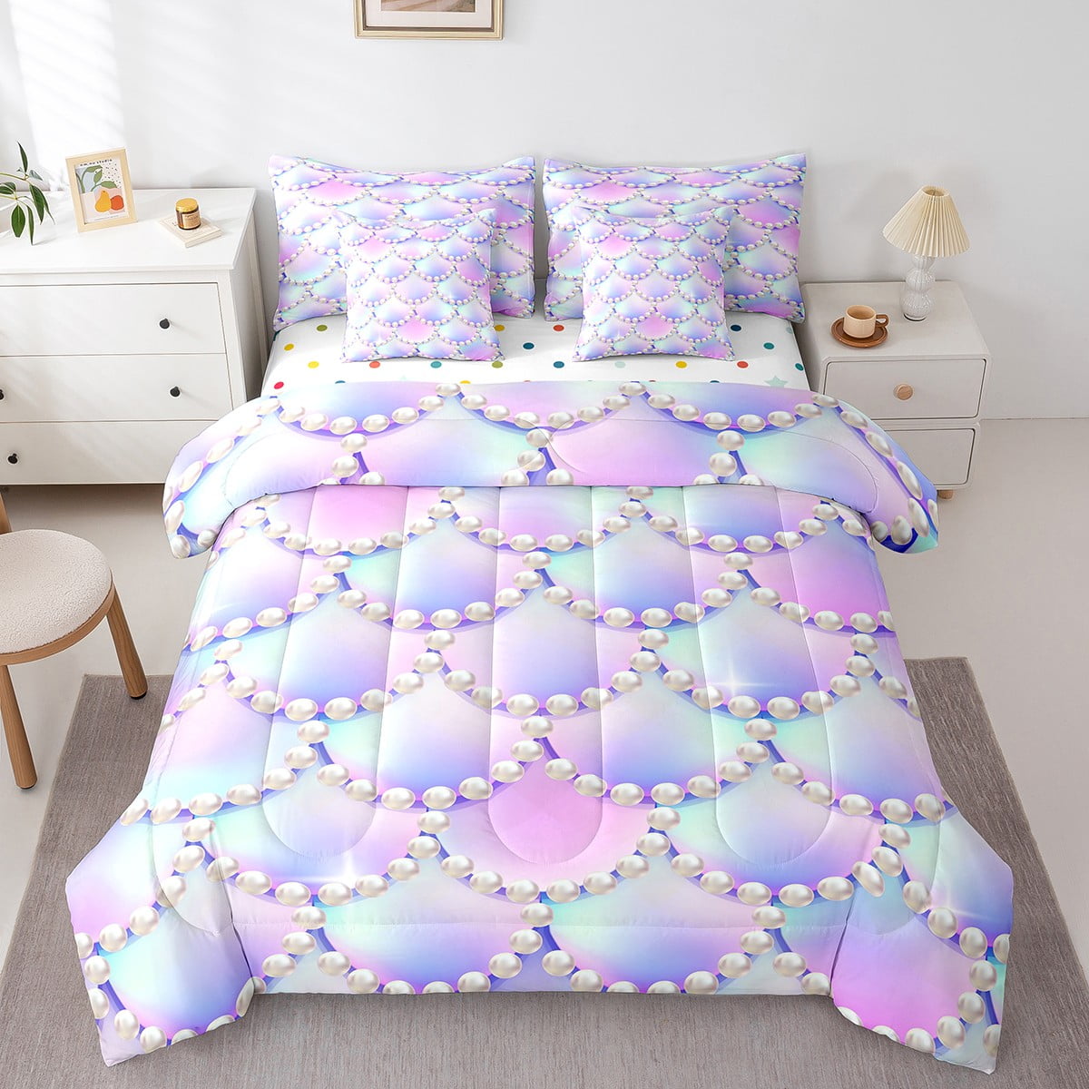 Mermaid Scale Comforter Set 7 Piece Bed in a Bag Twin,Pastel Pink Pearl ...