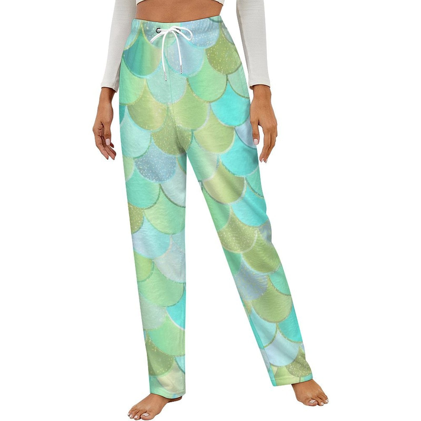 Mermaid Scale Pattern Winter Female Pants Flannel High Waist Women ...