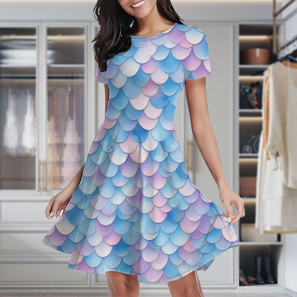 Mermaid Scale Pattern Women's Classic Swing Skater Dress Casual Work ...