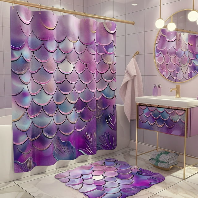Mermaid Scales Bathroom Set Purple Pink Cartoon Style Shower Curtain