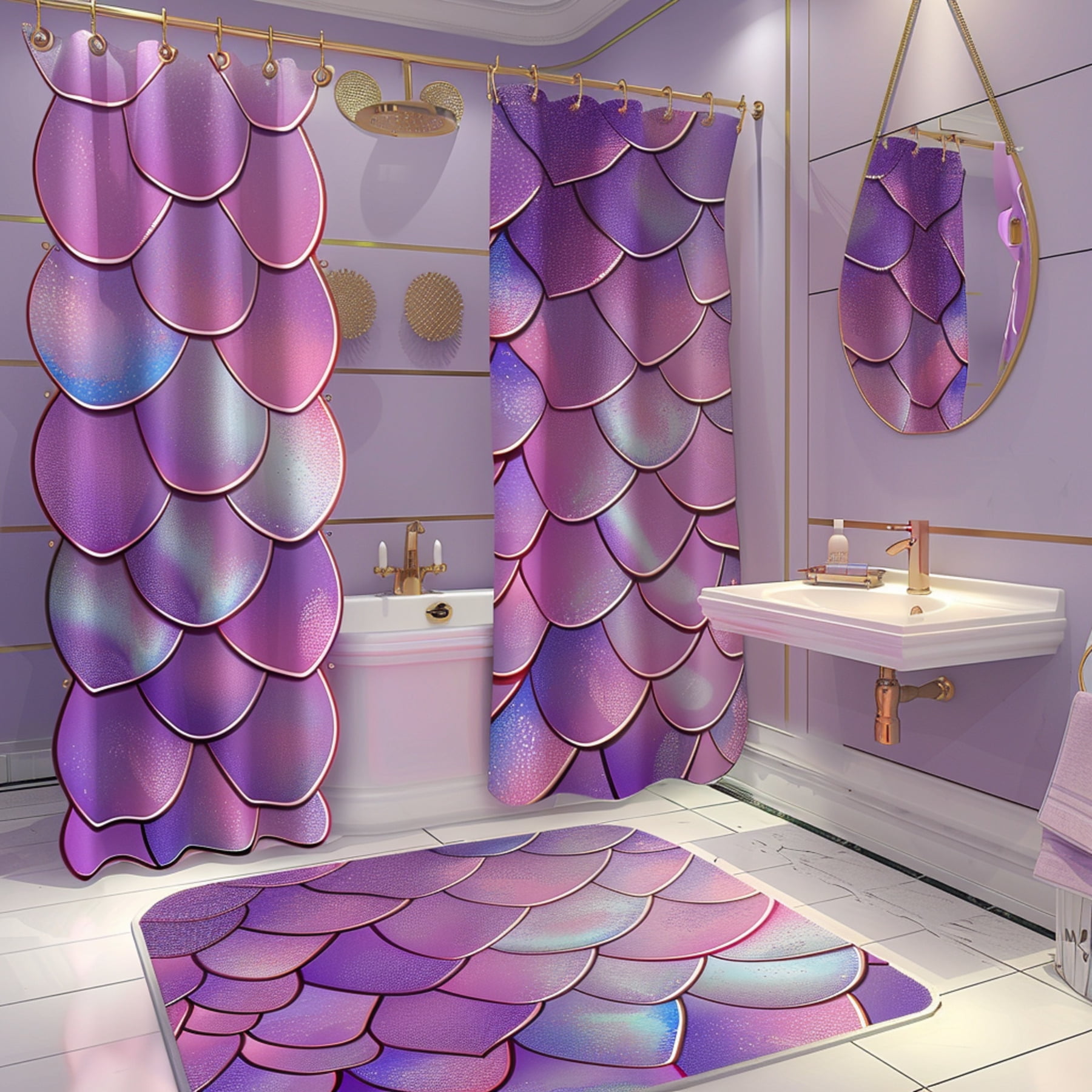 Mermaid Scales Bathroom Set Purple And Pink Cartoon Style Shower Curtain