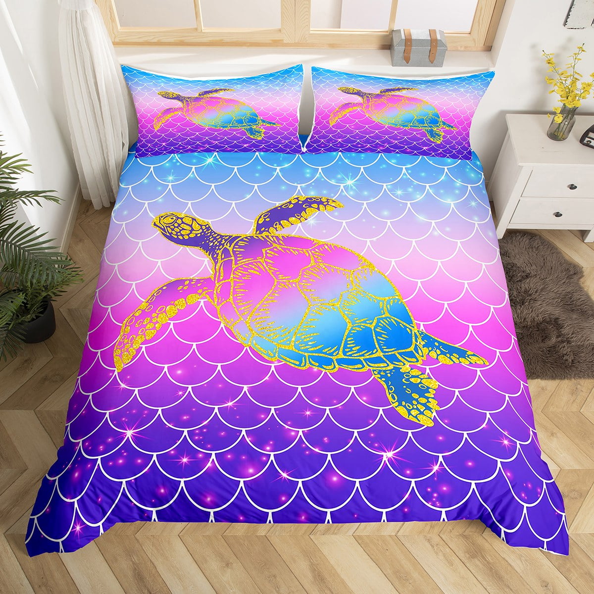 Mermaid Scales Comforter Cover For Girls, Tortoise Reptile Bedding Sets ...