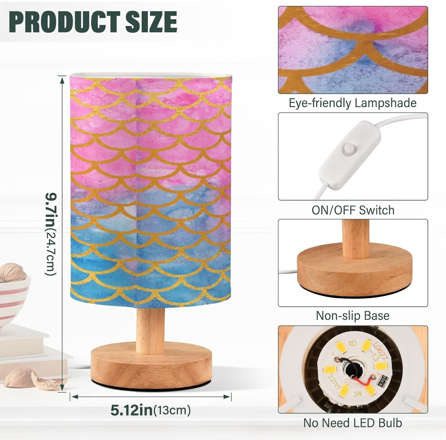 Mermaid Scales Pink Blue Gold Decor Bedside Table Lamp with USB Port ...