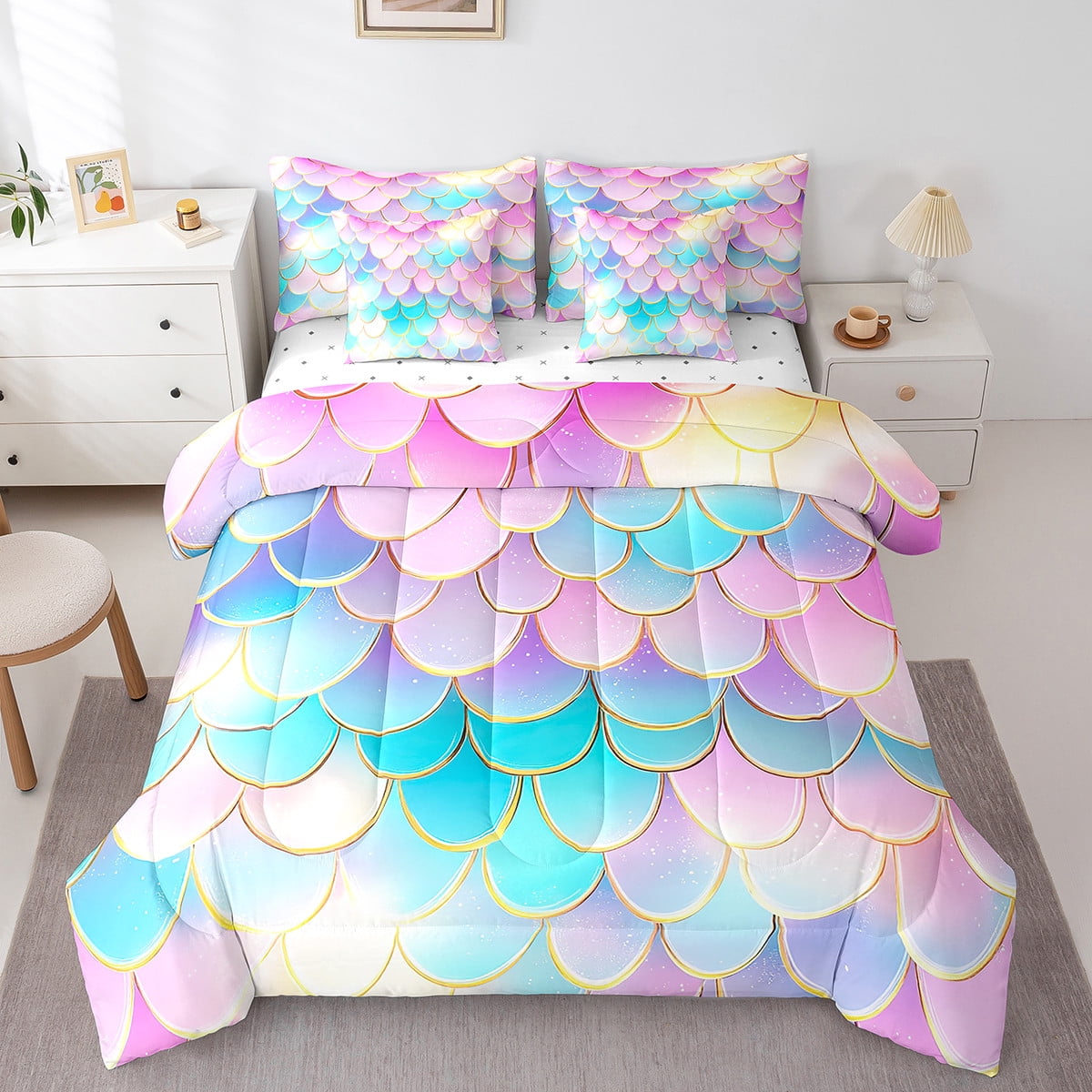 Mermaid Scales Twin Bed In A Bag Set With Sheets 7 Piece Pastel Mermaid Comforter Set Ocean ...