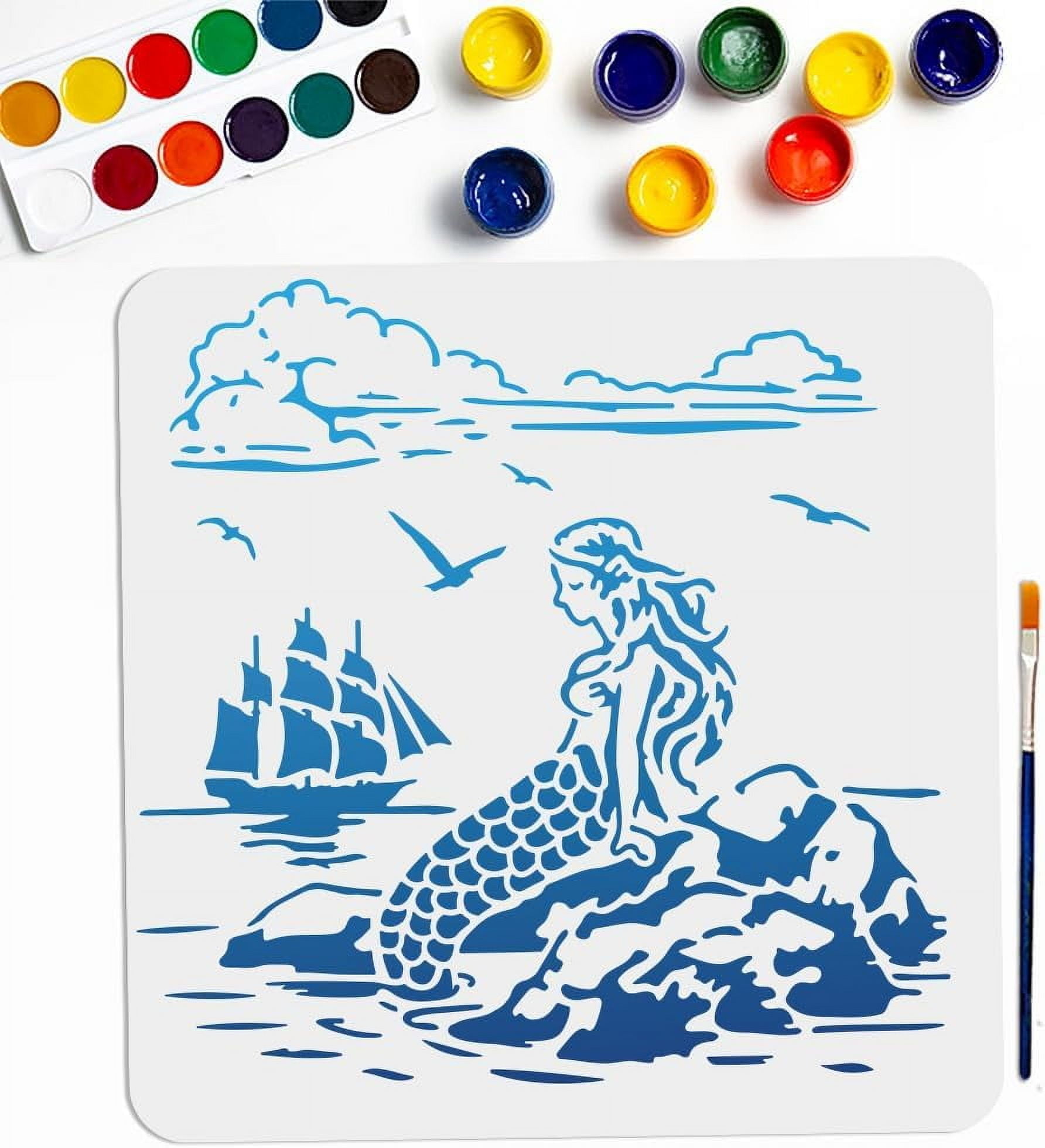 Mermaid Sea Boat Stencils 11.8×11.8inch Large Ocean Creatures Landscape ...