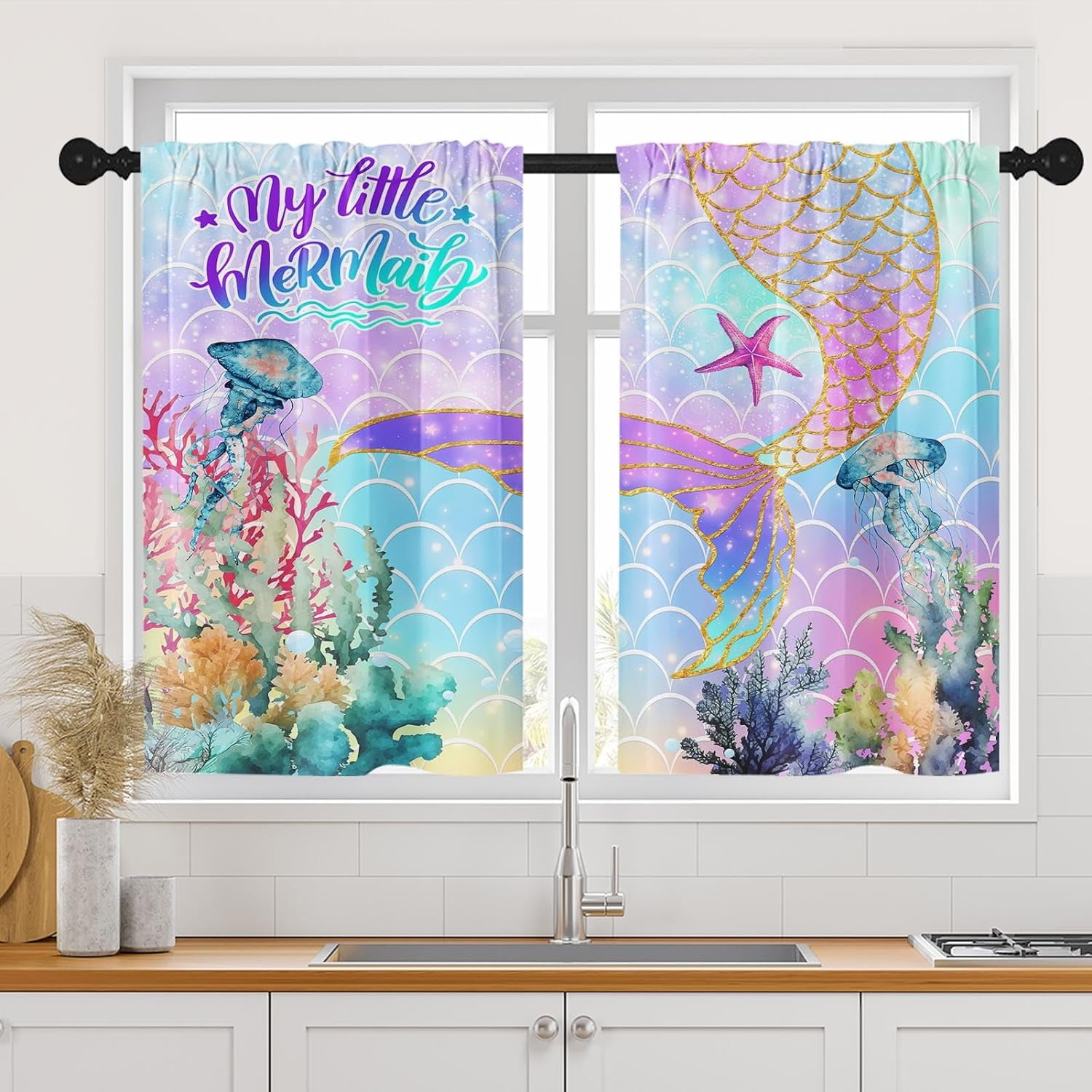 Mermaid Sea Summer Kitchen Curtains, Fish Ocean Underwater Short Window ...