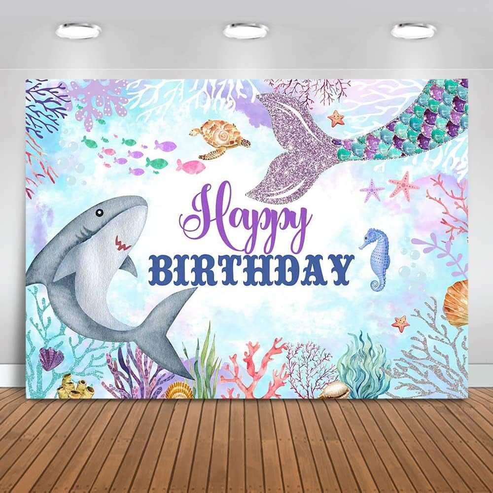 Mermaid Shark Birthday Backdrop Under The Sea Birthday Background Girl ...