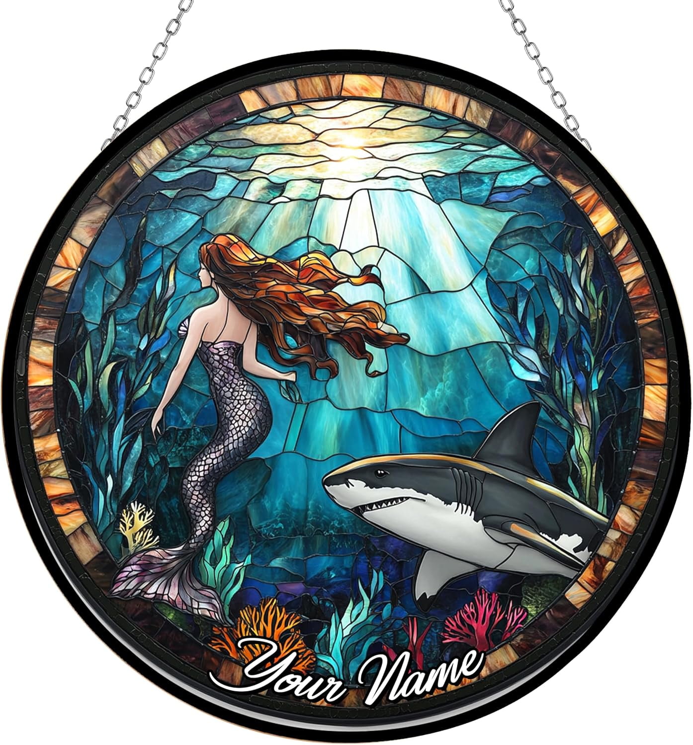 Mermaid Shark Stained Glass Window Hangings, Handcrafted Stained Glass ...
