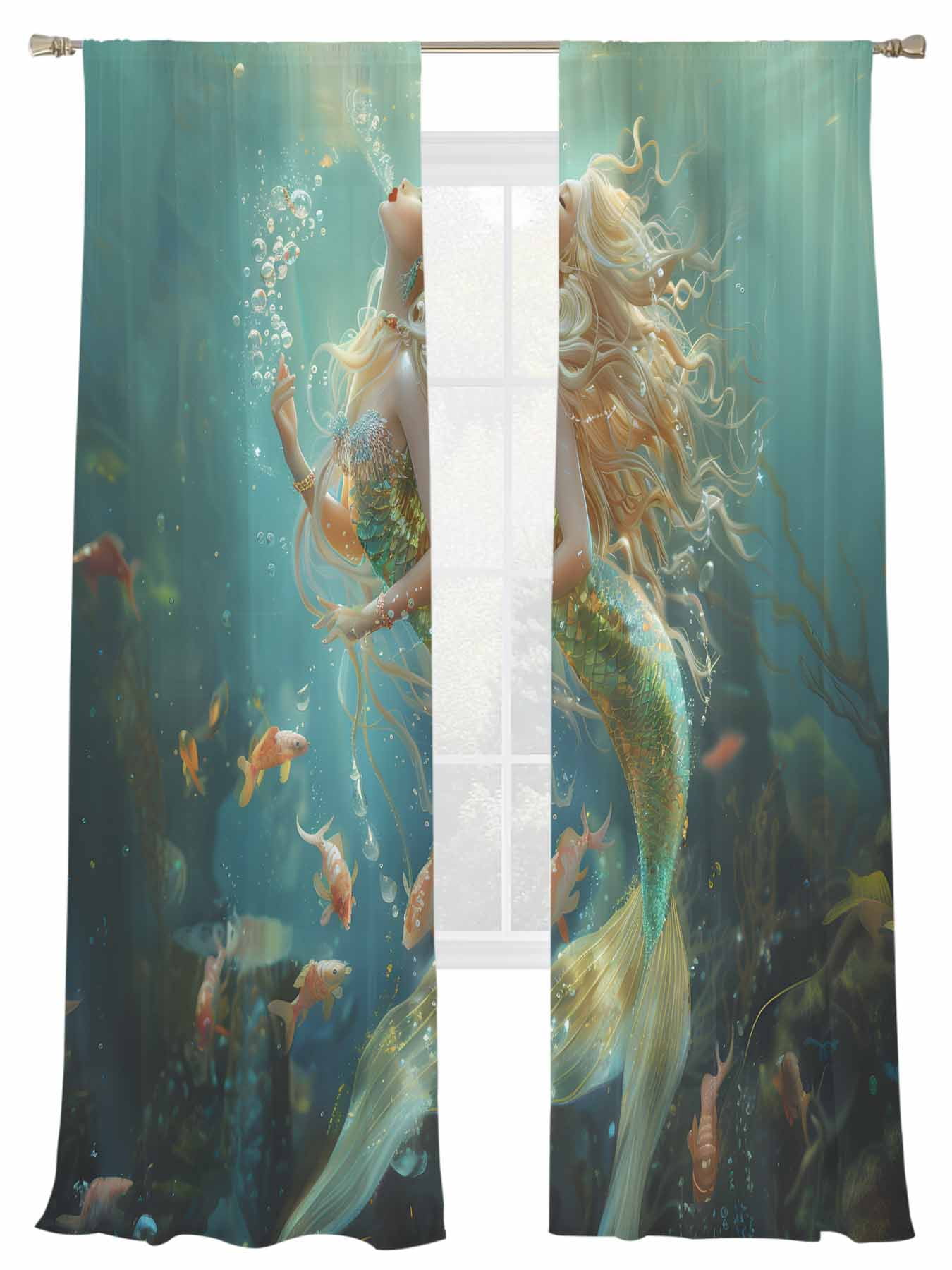 Mermaid Sheer Curtains 84 Inch Long 2 Panels, Ocean Fish Light ...