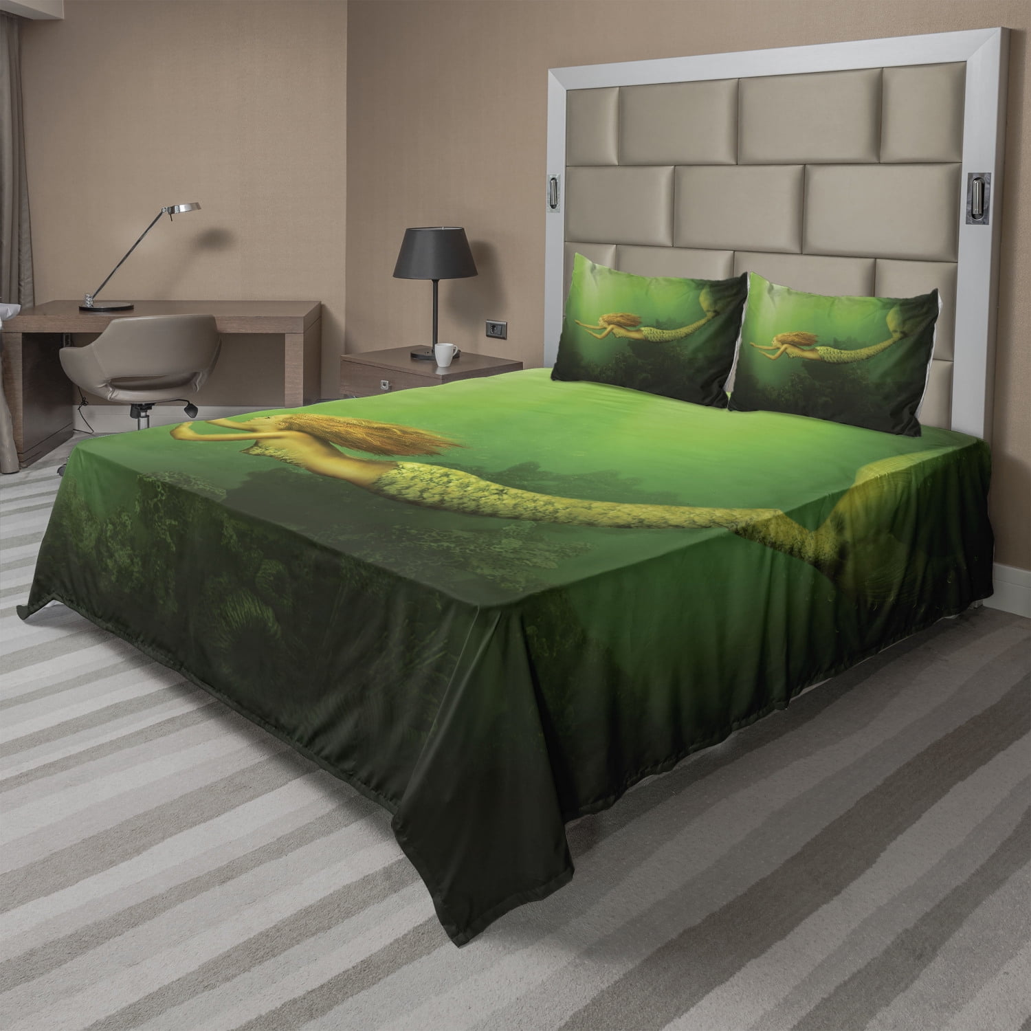 Ambesonne Mermaid Fitted & Top Sheet Set with Shams, Lady with Fish ...
