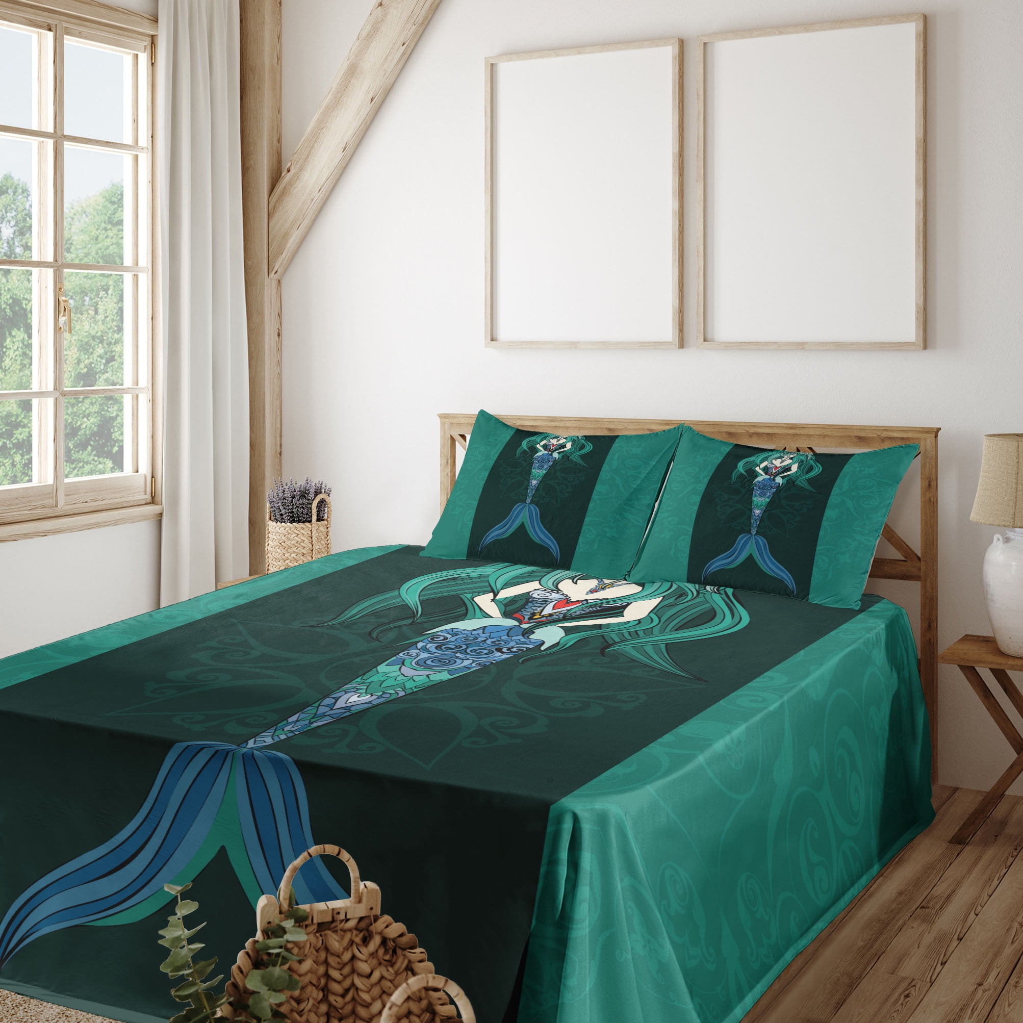 Mermaid Sheet Set, Hand Drawn Mermaid on Ornate Mandala Backdrop ...