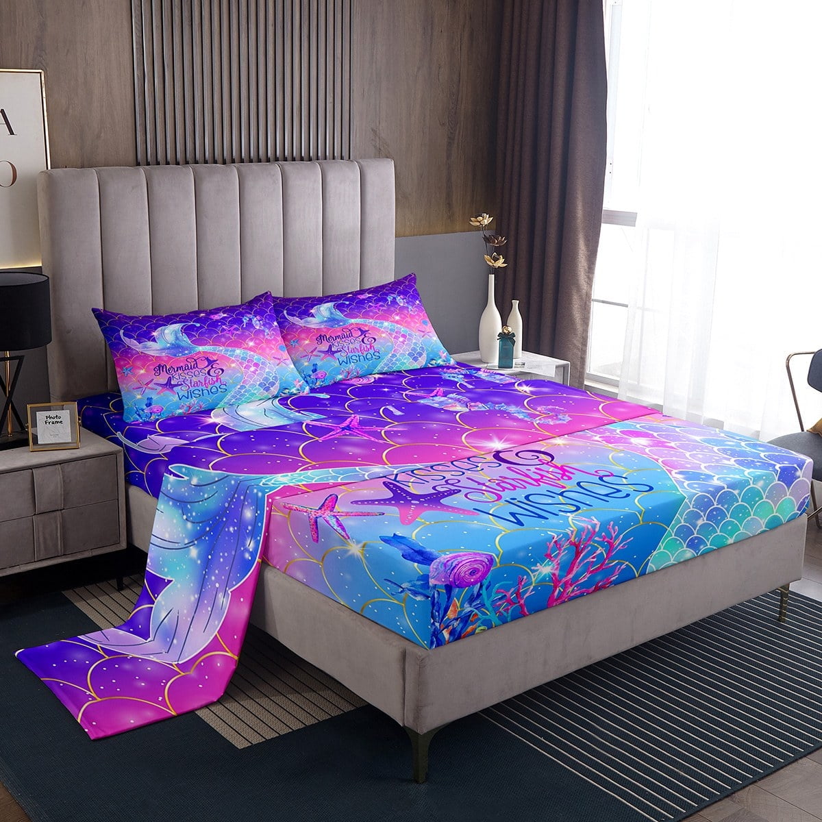 Mermaid Sheet Set Twin,Mermaid Tail Bed Sheets for Kids Girls,Rainbow ...