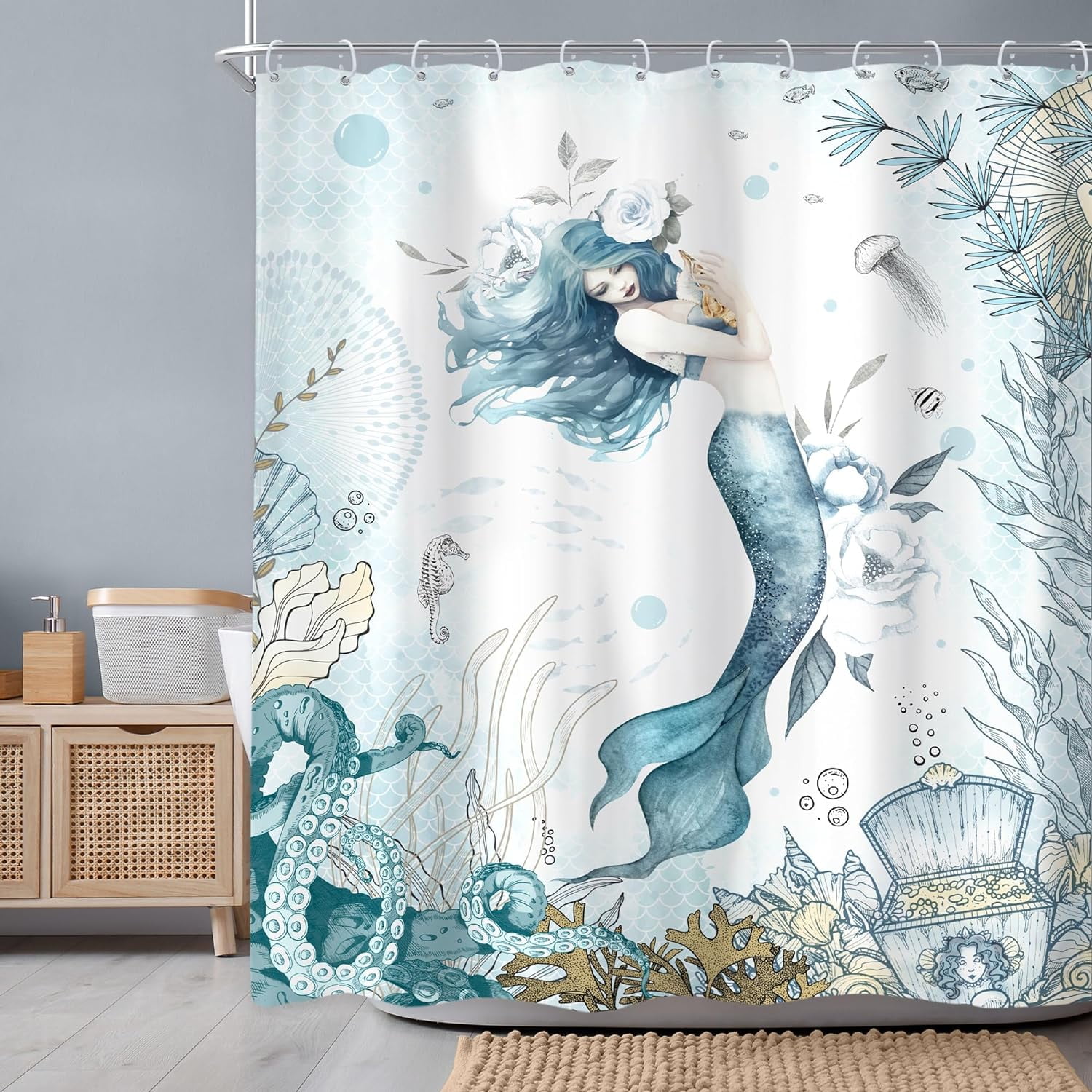 Mermaid Shower Curtain 60Wx72H Inch Nautical Blue Sea Ocean Octopus ...