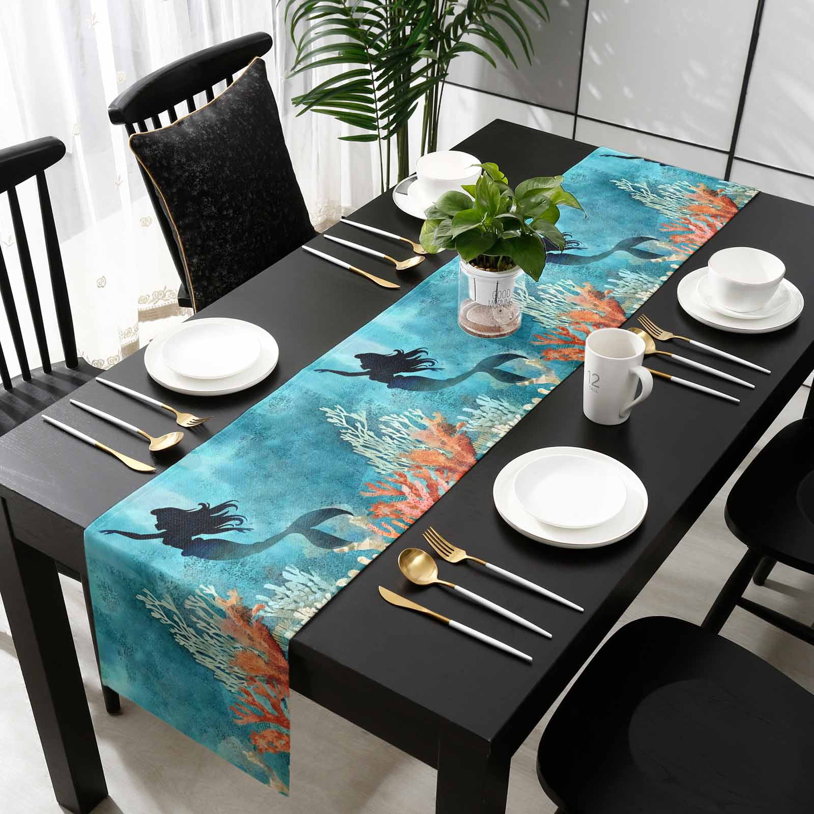 Mermaid Silhouette Cotton Linen Table Runner 13 x 90 inch Blue Ocean ...