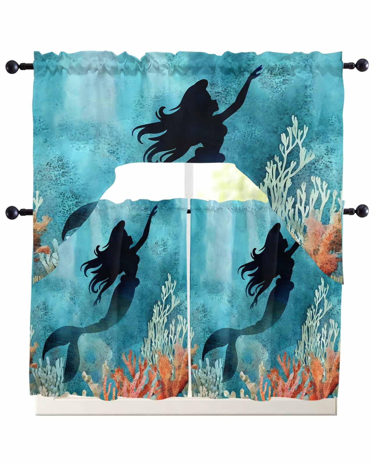 Mermaid Silhouette Kitchen Curtains Swag Valance and Tier Curtains Set ...