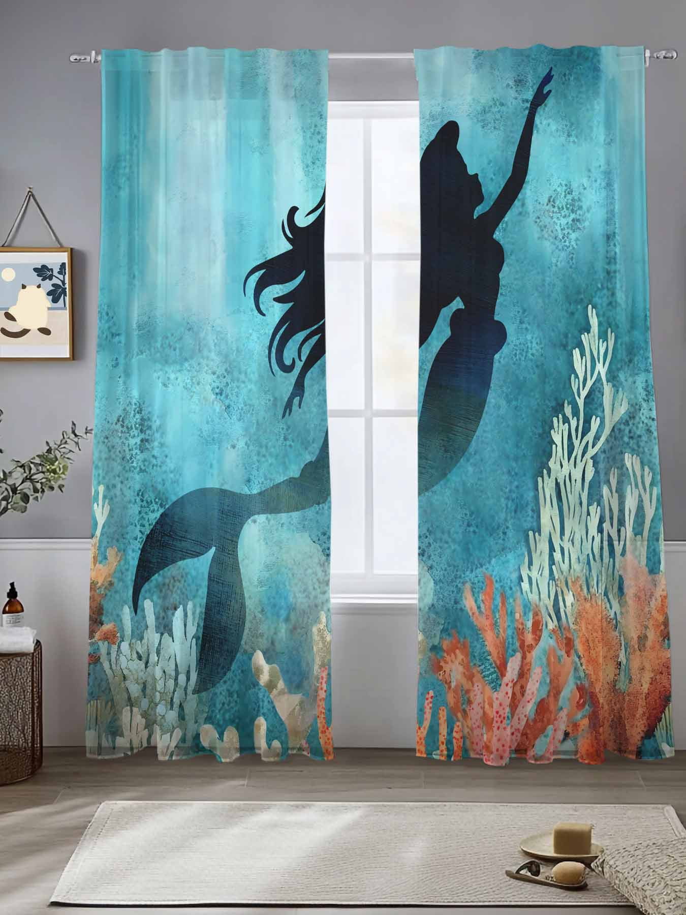 Mermaid Silhouette Sheer Curtains for Living Room Bedroom Blue Ocean ...