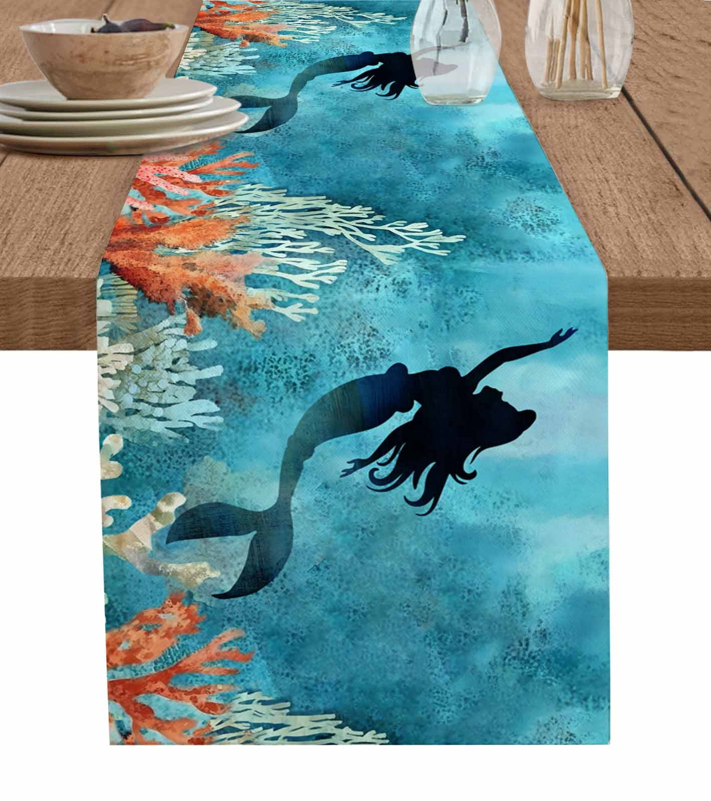 Mermaid Silhouette Table Runner 72 Inches, Blue Ocean Coral Underwater ...