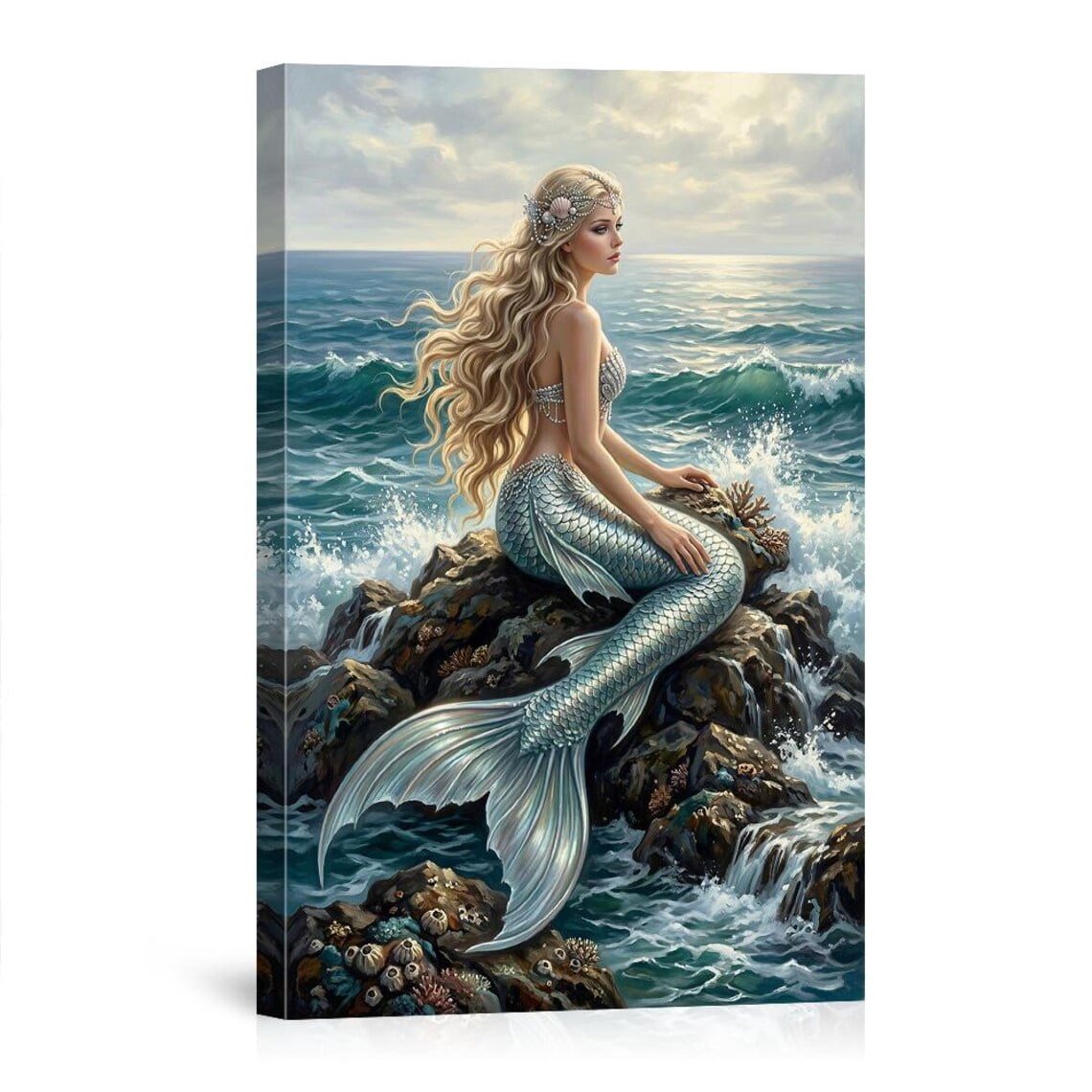 Mermaid Sitting On Rocks At Ocean Mythical Sea Siren Coastal Landscape ...