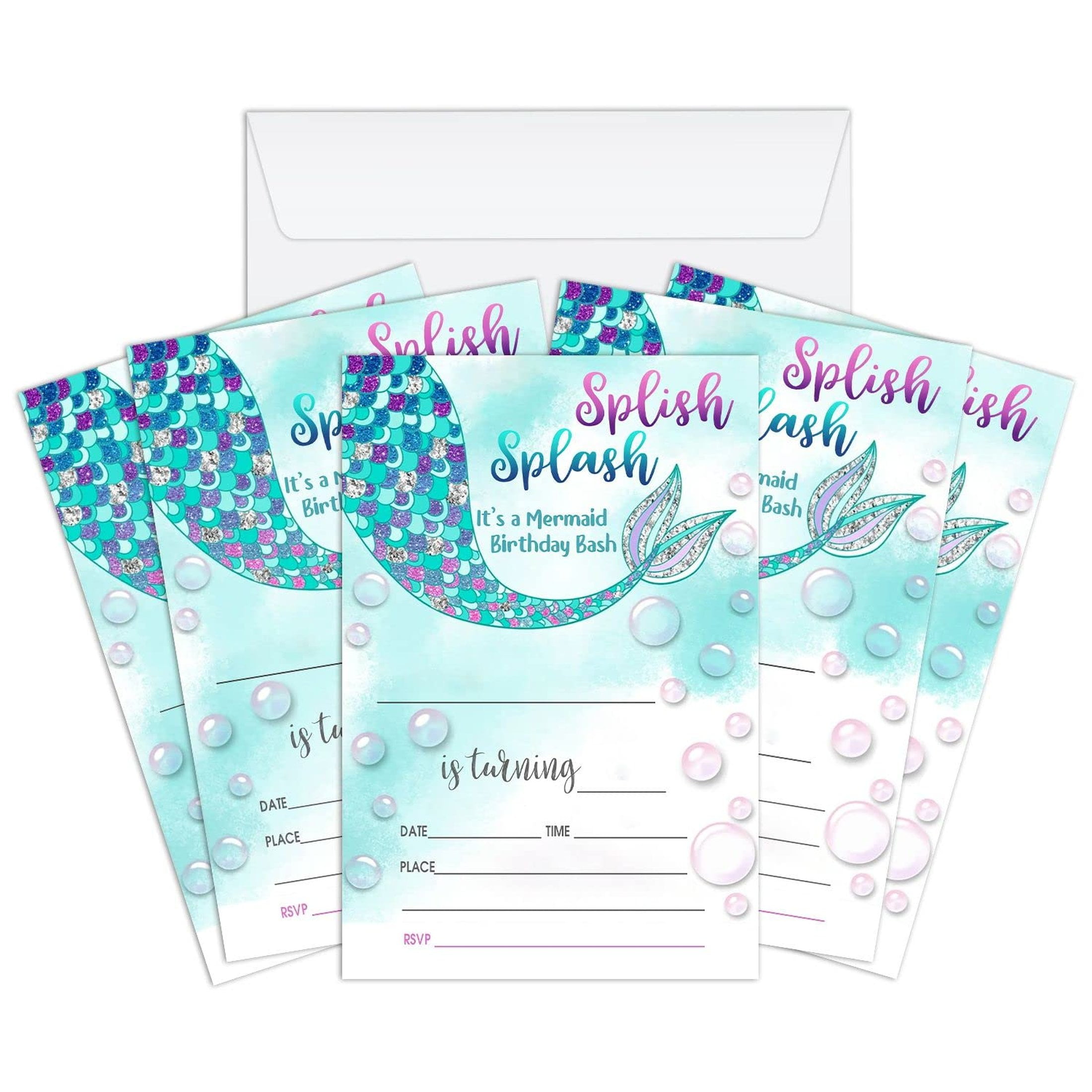 Mermaid Splash Glitter Invitations Set for Kids Birthday Celebrations ...