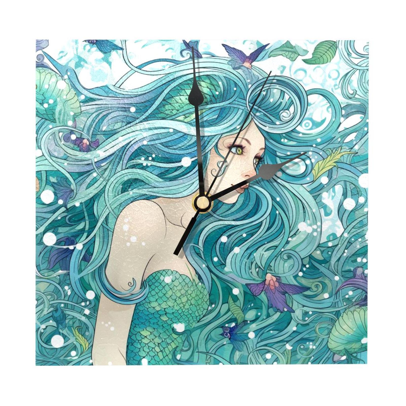 Mermaid Square Wood Wall Clock 7.87 in, Silent Non-Ticking, Rustic ...