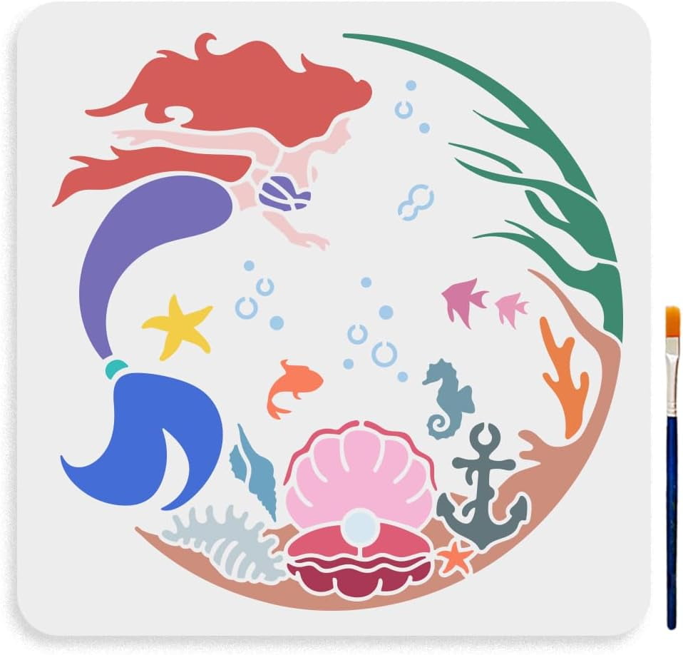 Mermaid Stencil 11.8×11.8inch Large Sea Life Mermaid Stencil Template ...