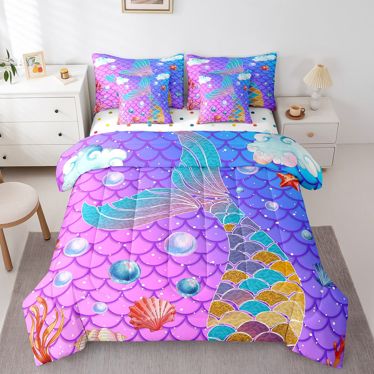 Mermaid Tail 7 Piece Comforter Set Full Bed in a Bag,Cute Sea Animal ...