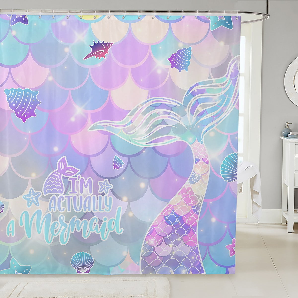 Mermaid Tail Bathroom Curtain 72"Wx78"L Pastel Mermaid Scale Shower ...