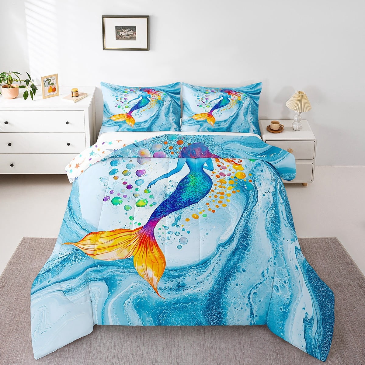 Mermaid Tail Bedding Set King Size,Blue Marble Comforter Set Ocean ...