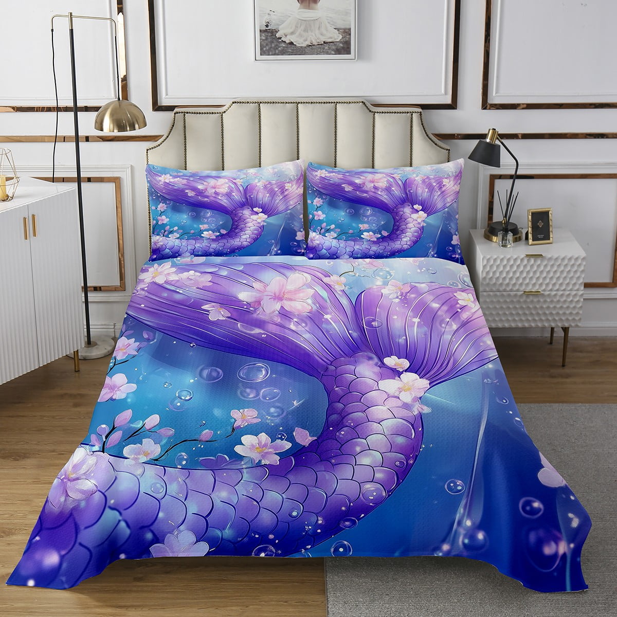 Mermaid Tail Bedspread Princess Room Decor Quilt Set, Purple Mermaid ...