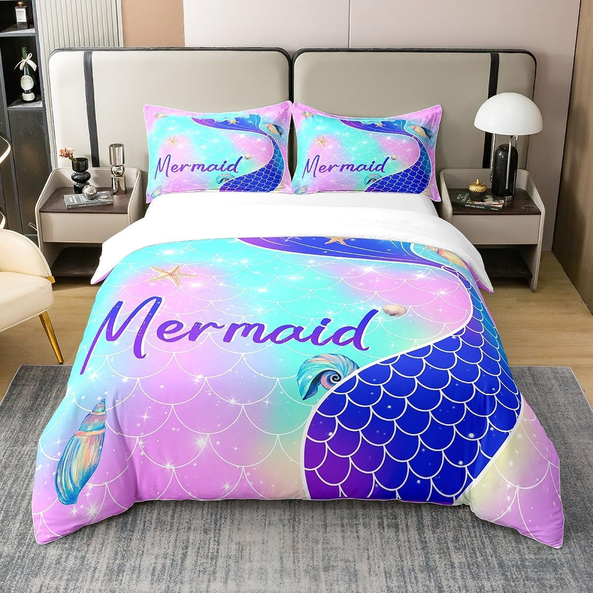 Mermaid Tail Comforter Cover for Girls Kids Bedroom,Rainbow Mermaid ...